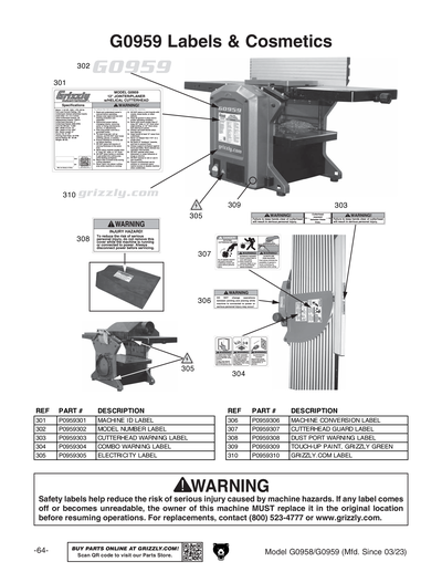Parts for 12" Combo Planer/Jointer with Helical Cutterhead - Grizzly ...