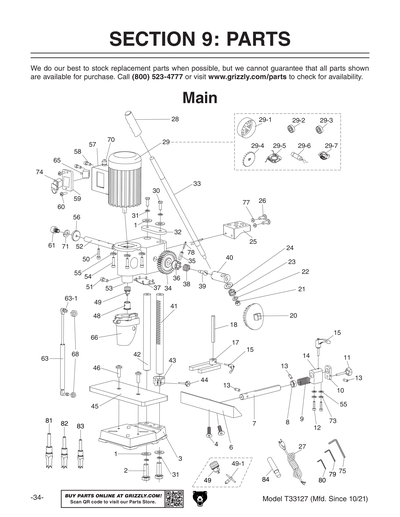 Parts for 1/2 HP Benchtop Hollow-Chisel Mortiser - Grizzly Industrial, Inc.